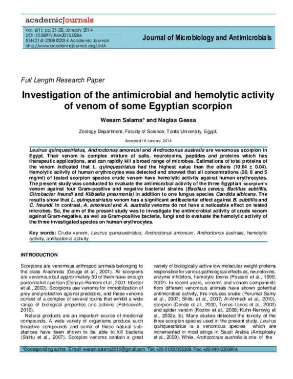 (PDF) Investigation of the antimicrobial and hemolytic activity of ...