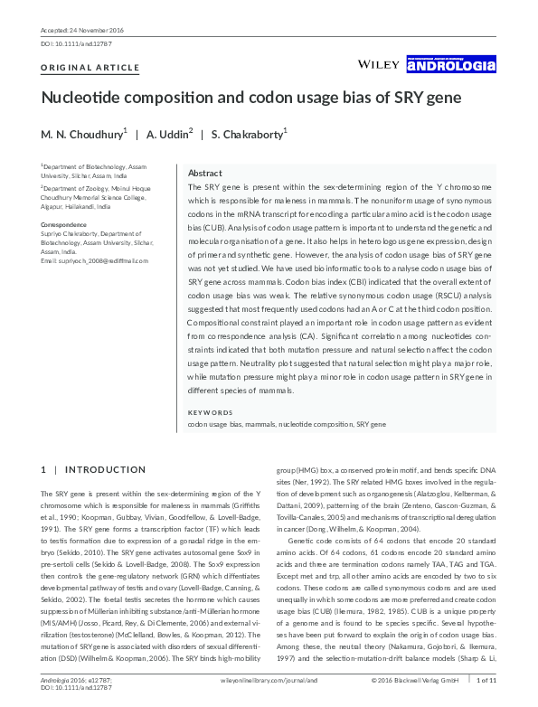 (PDF) Nucleotide composition and codon usage bias of SRY gene | Supriyo Chakraborty - Academia.edu