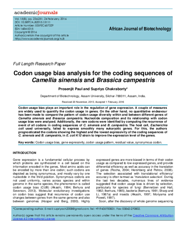 (PDF) Deciphering codon usage patterns and evolutionary forces in chloroplast genes of Camellia ...