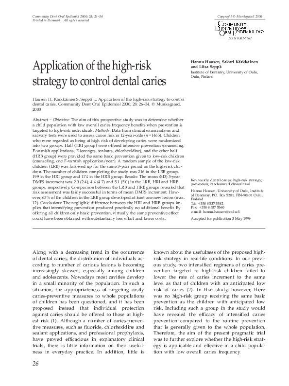 (PDF) Application of the high-risk strategy to control dental caries