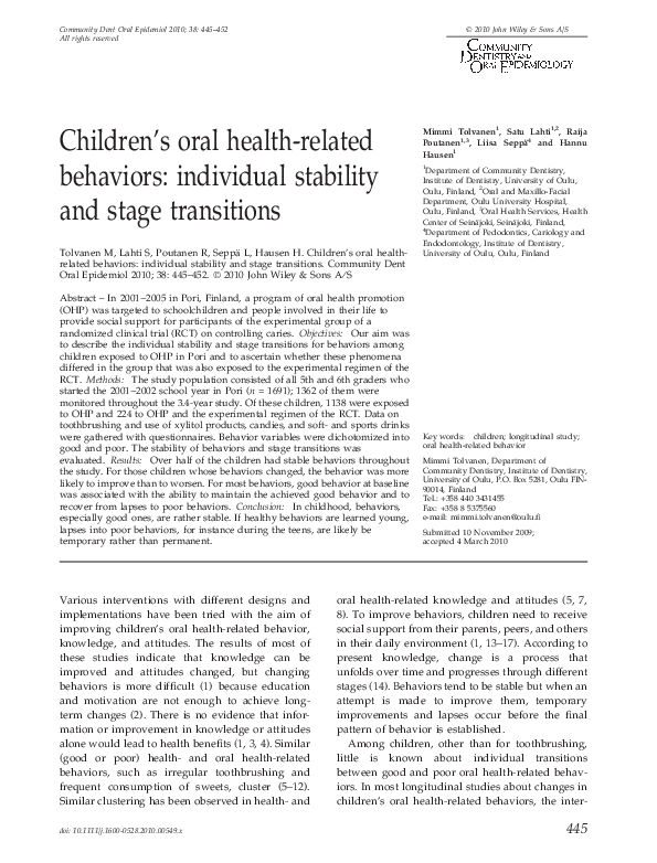(PDF) Children’s oral health-related behaviors: individual stability ...