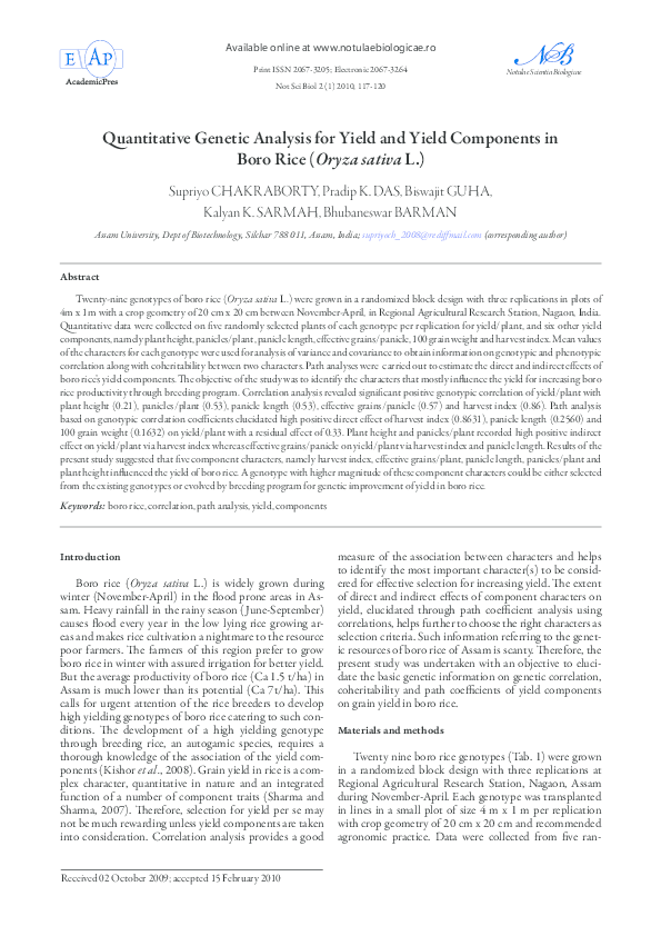 (PDF) Quantitative Genetic Analysis for Yield and Yield Components in Boro Rice (Oryza sativa L)