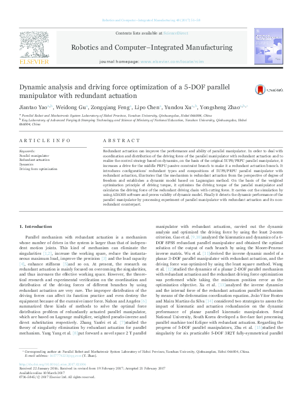 Pdf Optimizing Dynamics Of A Redundant 5 Dof Manipulator