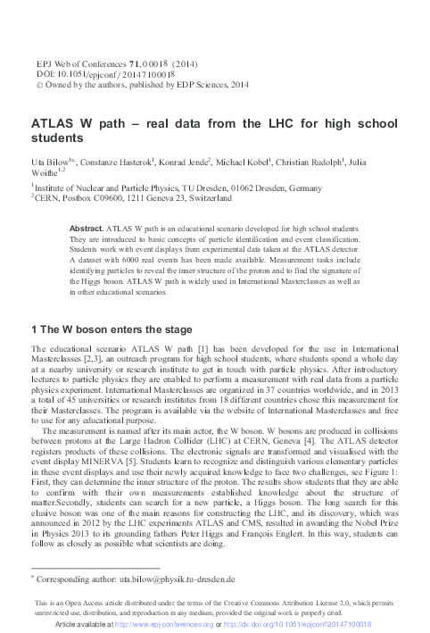(PDF) ATLAS W path – real data from the LHC for high school students