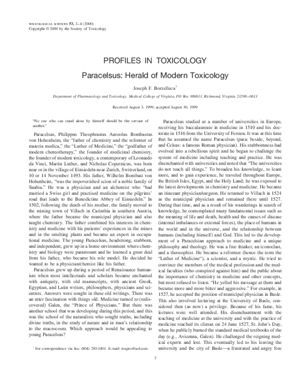 (PDF) PROFILES IN TOXICOLOGY Paracelsus: Herald of Modern Toxicology