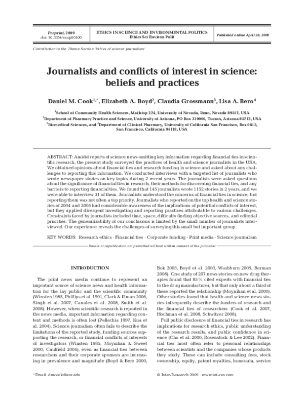 (PDF) Journalists and conflicts of interest in science: beliefs and ...