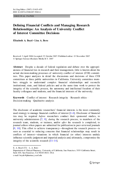 (PDF) Defining Financial Conflicts and Managing Research Relationships: An Analysis of ...