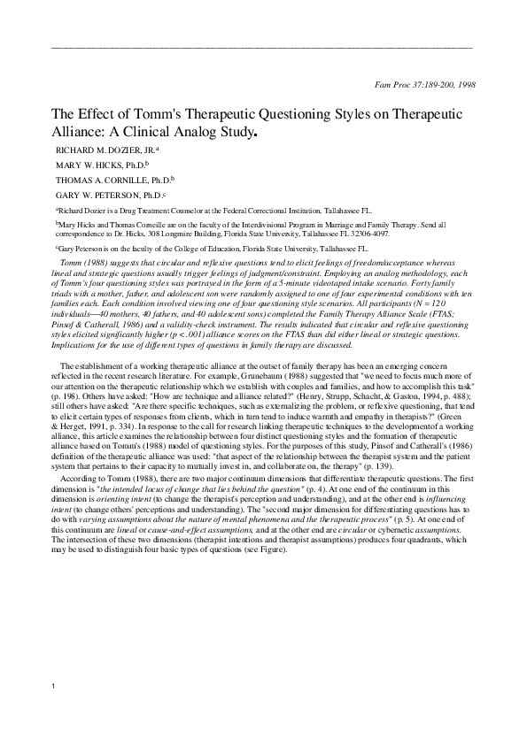 (PDF) The Effect of Tomm's Therapeutic Questioning Styles on ...