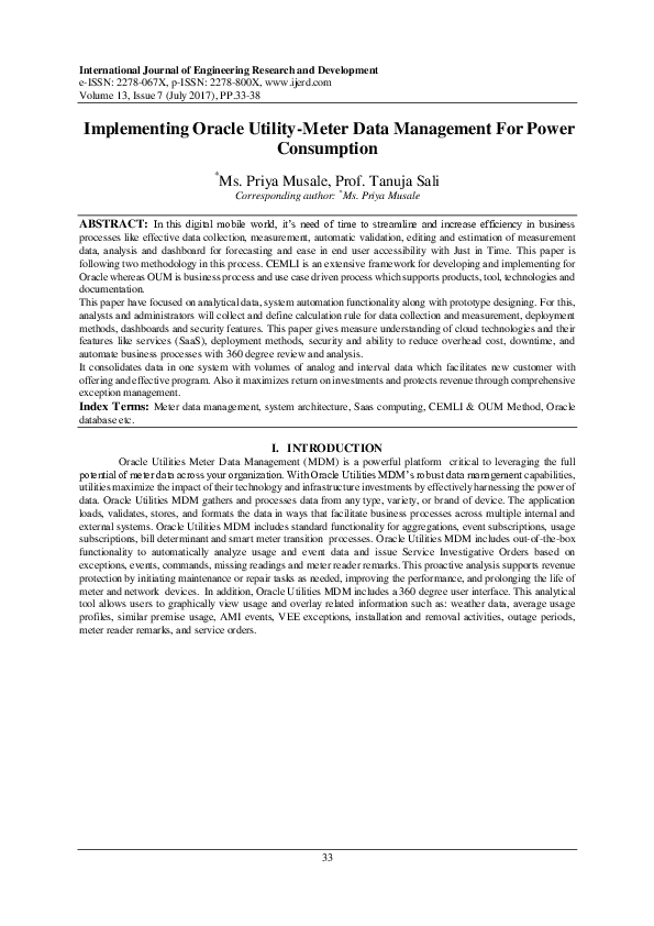 (PDF) Implementing Oracle Utility-Meter Data Management For Power Consumption