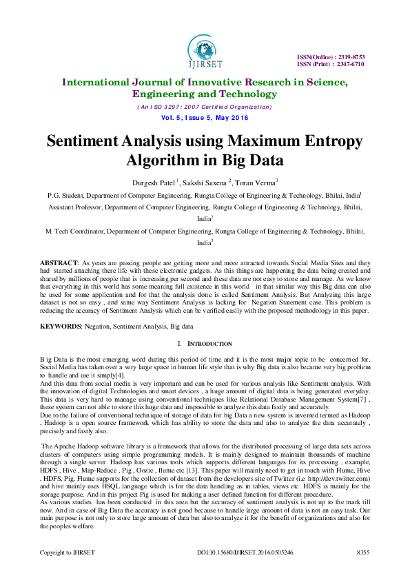 Pdf Sentiment Analysis Using Maximum Entropy Algorithm In Big Data