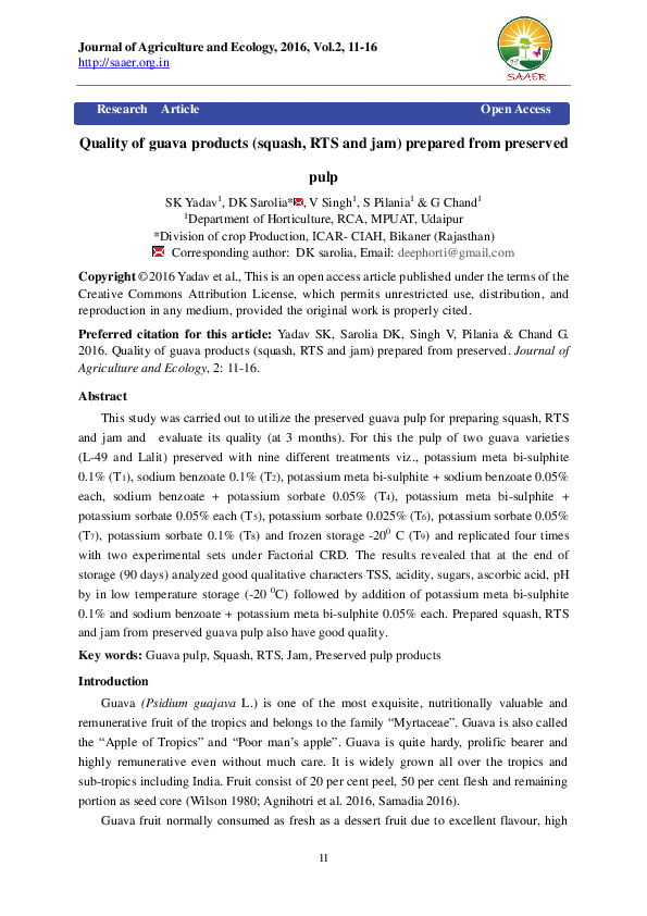 (PDF) Quality of guava products (squash, RTS and jam) prepared from ...