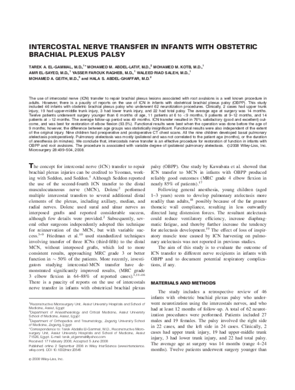 (PDF) Intercostal nerve transfer in infants with obstetric brachial ...