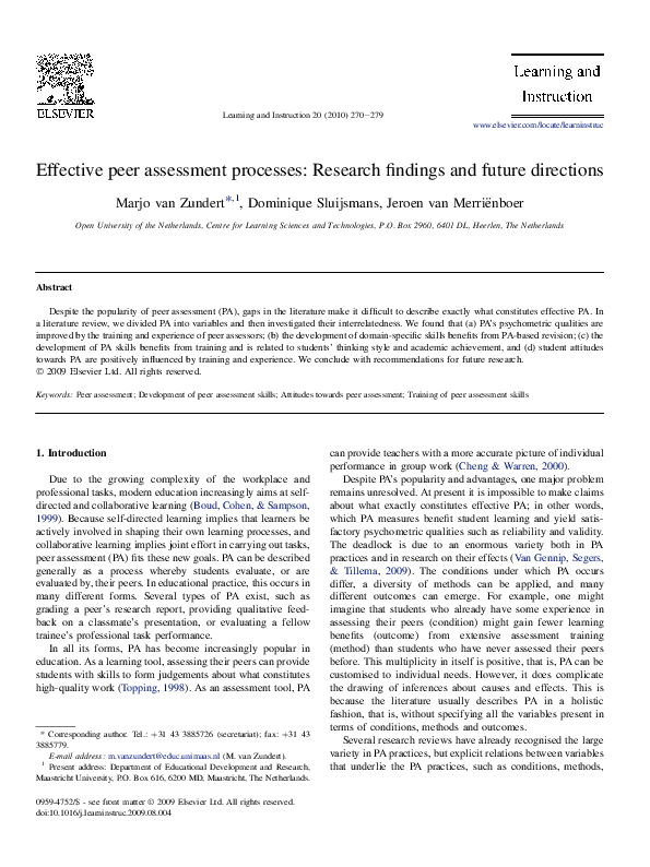 Pdf Effective Peer Assessment Processes Research Findings And Future