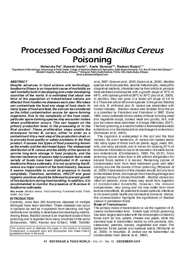 (PDF) Processed Foods and Bacillus Cereus Poisoning | Mahendra Pal ...