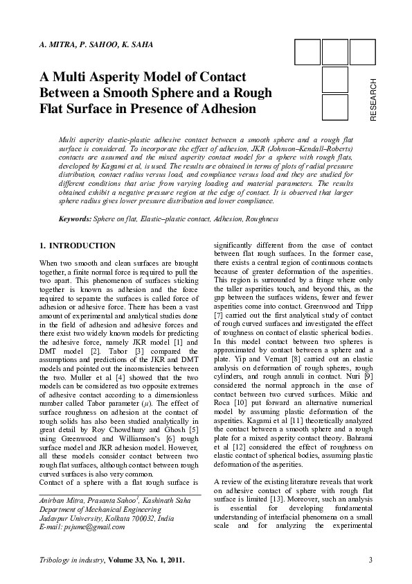 Pdf A Multi Asperity Model Of Contact Between A Smooth Sphere And A Rough Flat Surface In