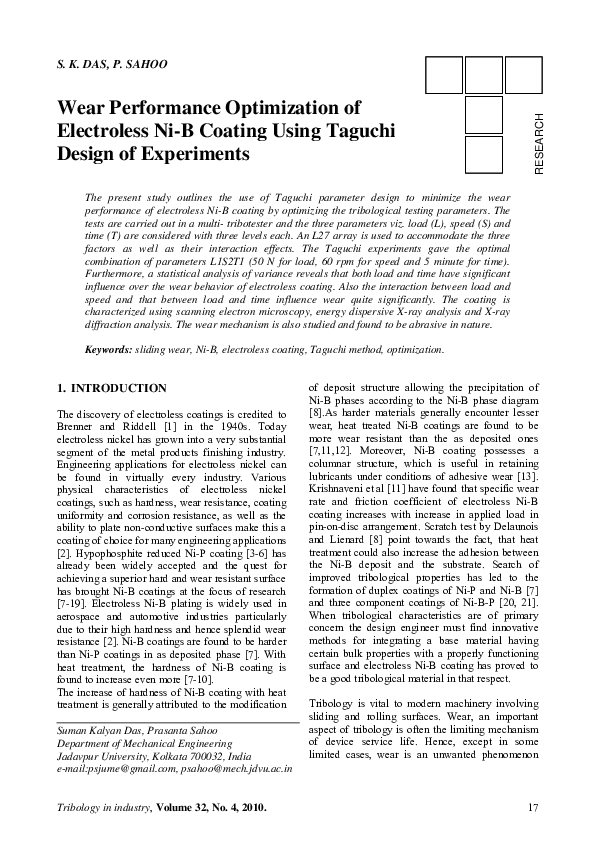 (PDF) Wear performance optimization of electroless Ni-B coating using Taguchi design of experiments