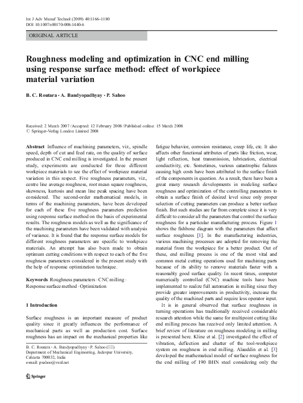 Pdf Roughness Modeling And Optimization In Cnc End Milling Using Response Surface Method
