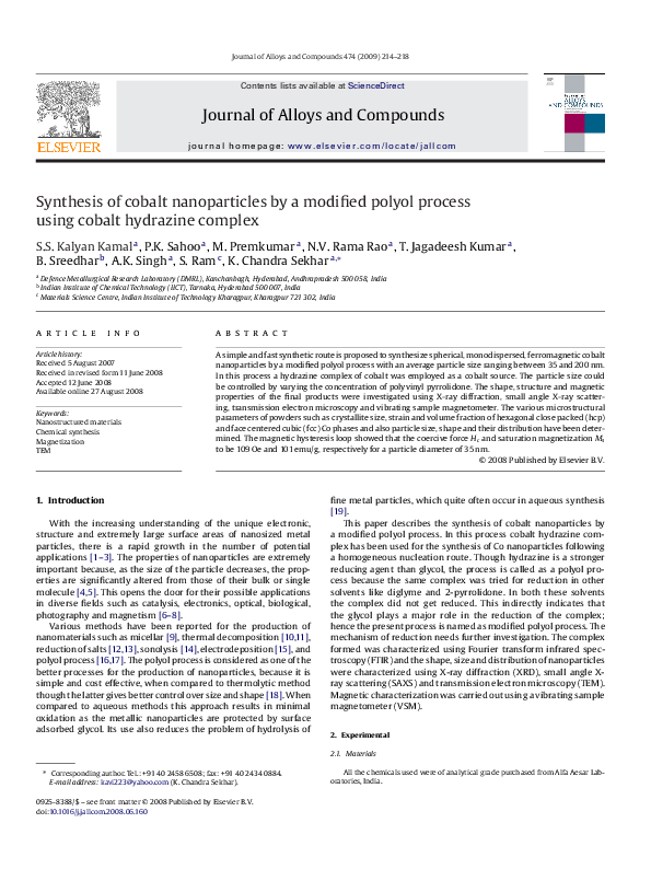 (PDF) Synthesis of cobalt nanoparticles by a modified polyol process using cobalt hydrazine complex