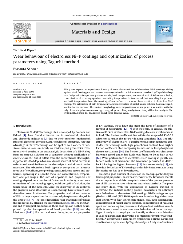 Pdf Wear Behaviour Of Electroless Nip Coatings And Optimization Of Process Parameters Using