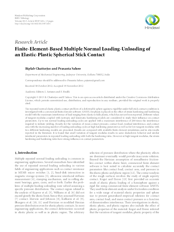 (PDF) Finite-Element-Based Multiple Normal Loading-Unloading of an Elastic-Plastic Spherical ...