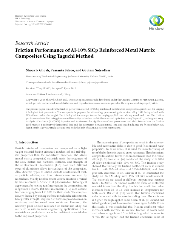 (PDF) Friction Performance of Al-10 % SiCp Reinforced Metal Matrix ...