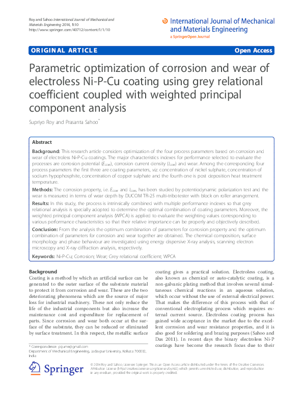(PDF) Parametric optimization of corrosion and wear of electroless Ni-P-Cu coating using grey ...