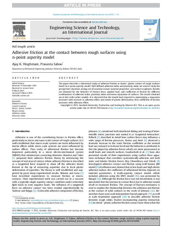 Pdf Adhesive Friction At The Contact Between Rough Surfaces Using N Point Asperity Model