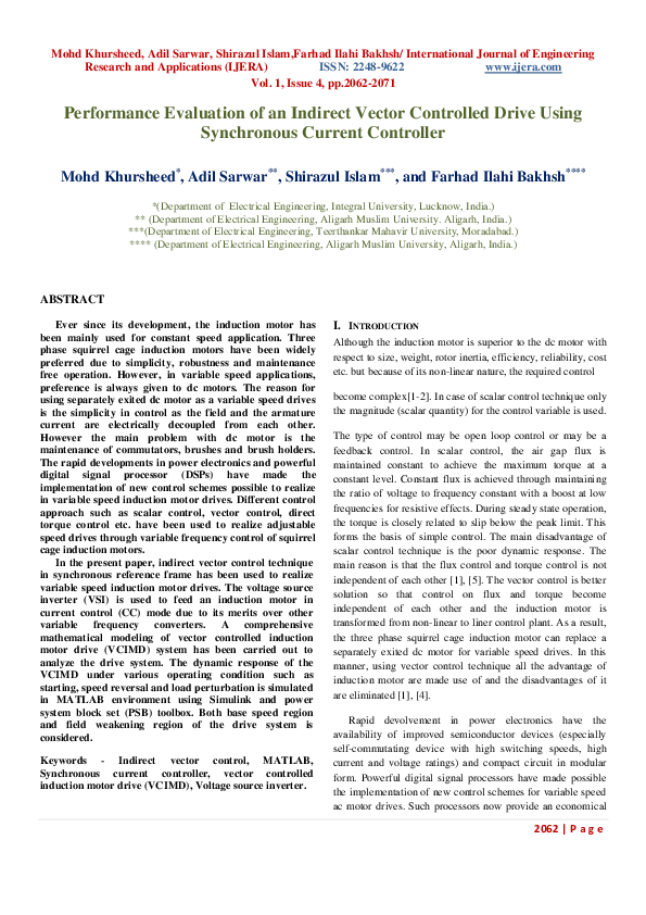 Pdf Performance Evaluation Of An Indirect Vector Controlled Drive Using Synchronous Current