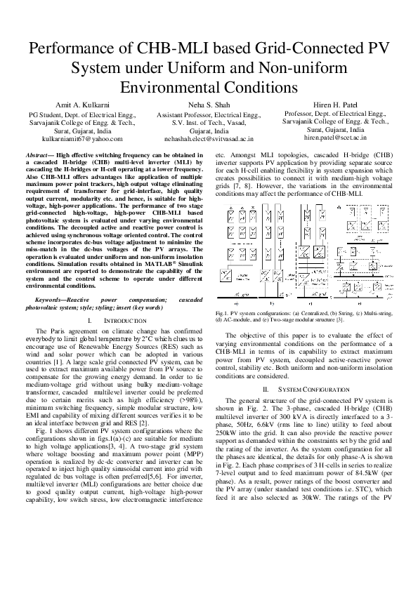 Doc Performance Of Chb Mli Based Grid Connected Pv System Under Uniform And Non Uniform