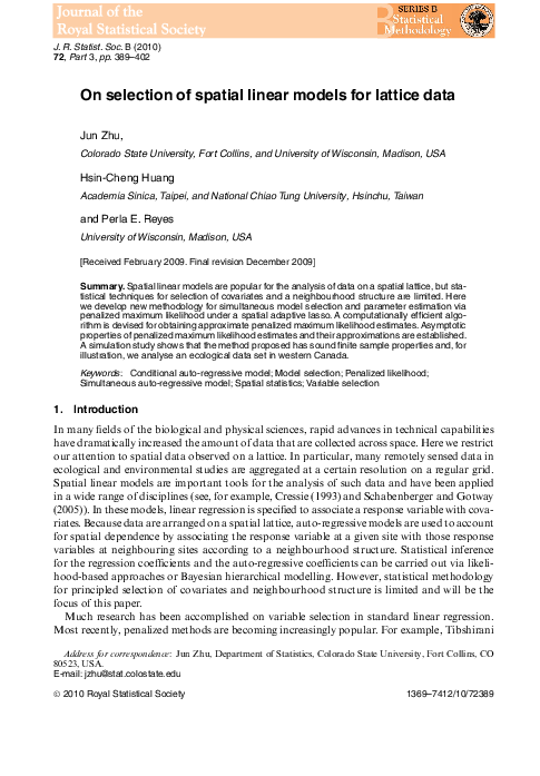 (PDF) On selection of spatial linear models for lattice data