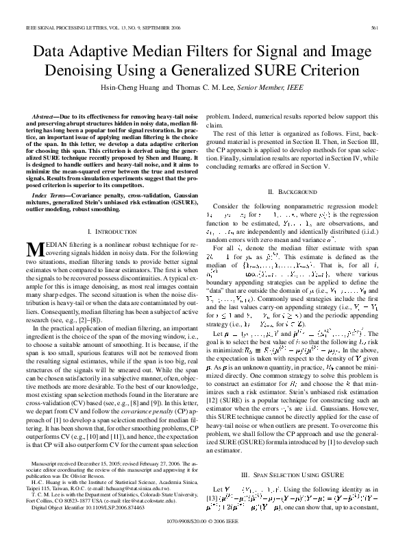 Pdf Data Adaptive Median Filters For Signal And Image Denoising Using A Generalized Sure Criterion