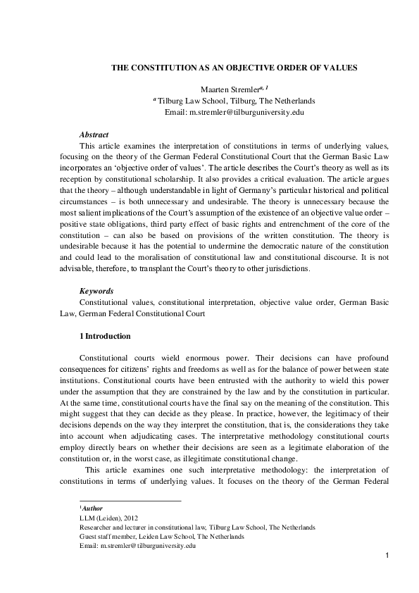 (PDF) The Constitution as an Objective Order of Values