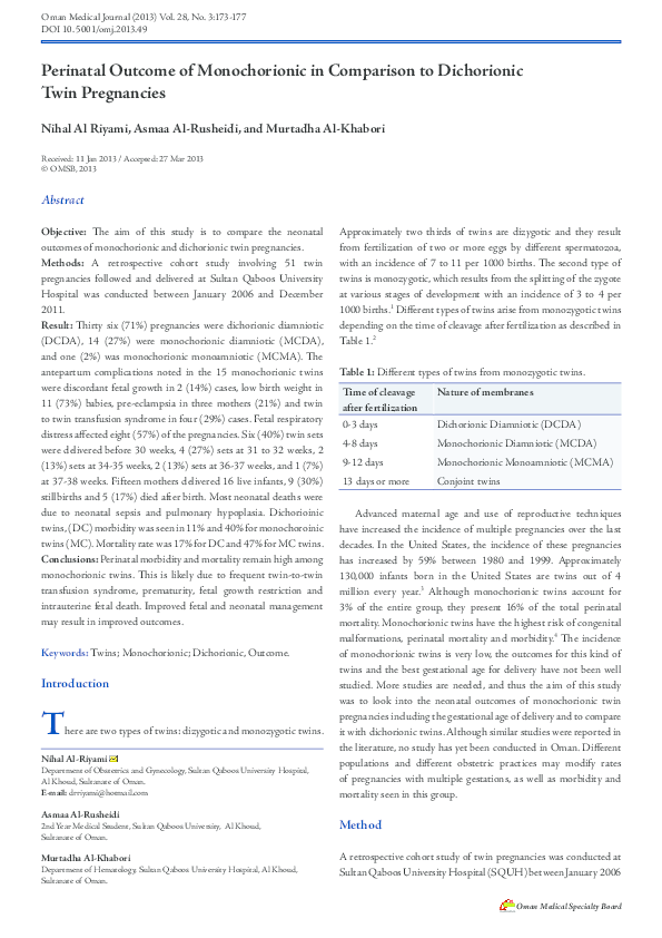 Pdf Perinatal Outcome Of Monochorionic In Comparison To Dichorionic