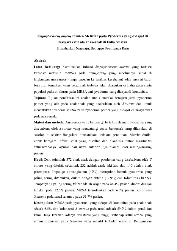 (DOC) Staphylococcus aureus resisten Metisilin pada Pyoderma yang ...