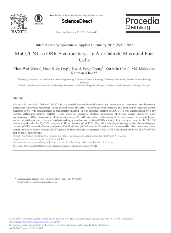 (PDF) MnO2/CNT as ORR Electrocatalyst in Air-Cathode Microbial Fuel Cells