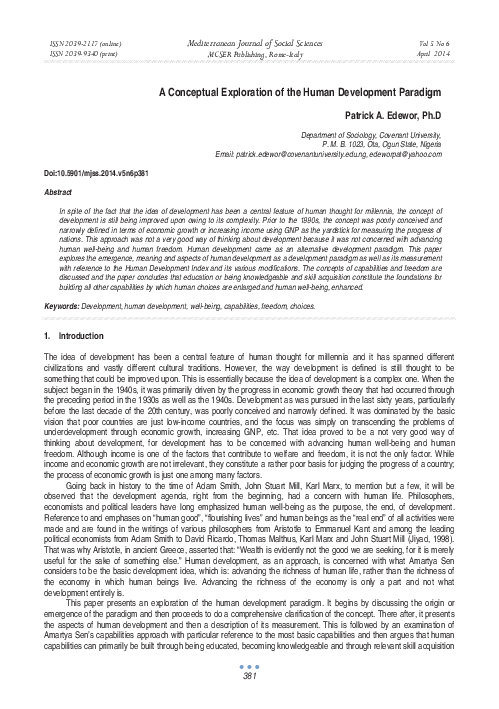 (PDF) A Conceptual Exploration of the Human Development Paradigm