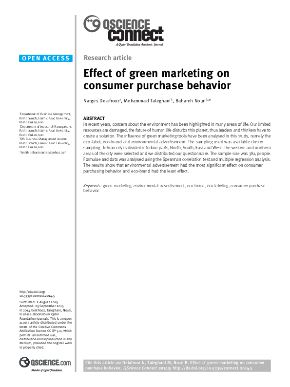 Pdf Effect Of Green Marketing On Consumer Purchase Behavior