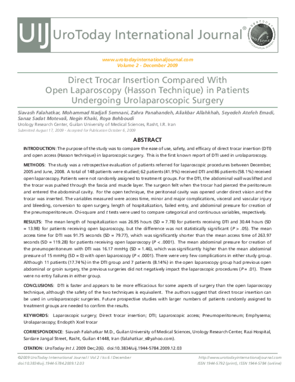 (PDF) Direct Trocar Insertion Compared With Open Laparoscopy (Hasson ...
