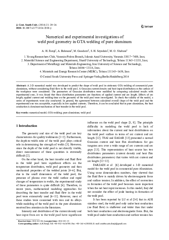 (PDF) Numerical and experimental investigations of weld pool geometry in GTA welding of pure ...