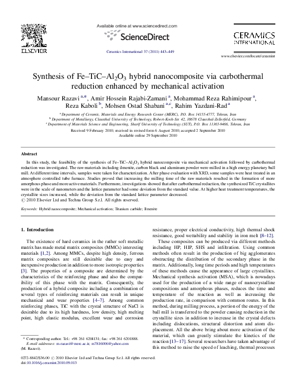 (PDF) Synthesis of Fe–TiC–Al2O3 hybrid nanocomposite via carbothermal reduction enhanced by ...