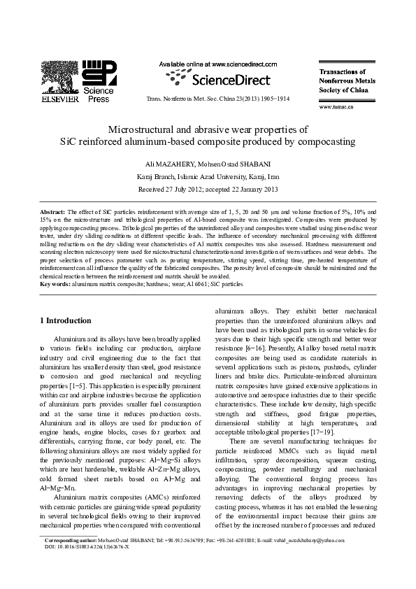 (PDF) Microstructural and abrasive wear properties of SiC reinforced aluminum-based composite ...