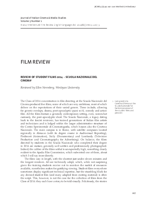 (PDF) "FILM REVIEW REVIEW OF STUDENT FILMS 2014 – SCUOLA NAZIONALE DEL ...
