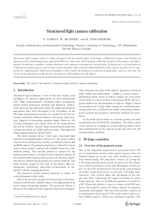 (PDF) Structured light camera calibration