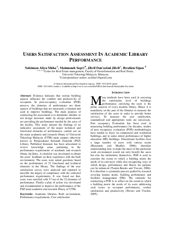 (PDF) Users Satisfaction Assessment in Academic Library Performance