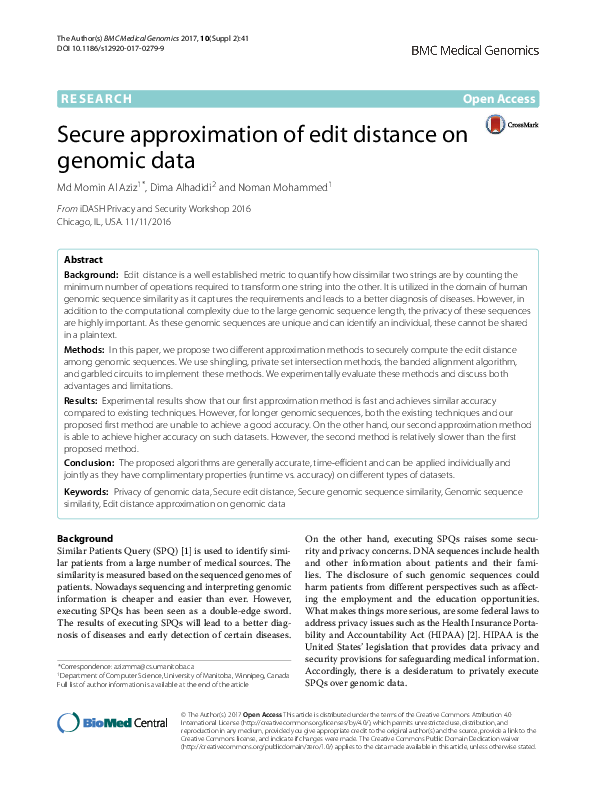 (PDF) Secure approximation of edit distance on genomic data
