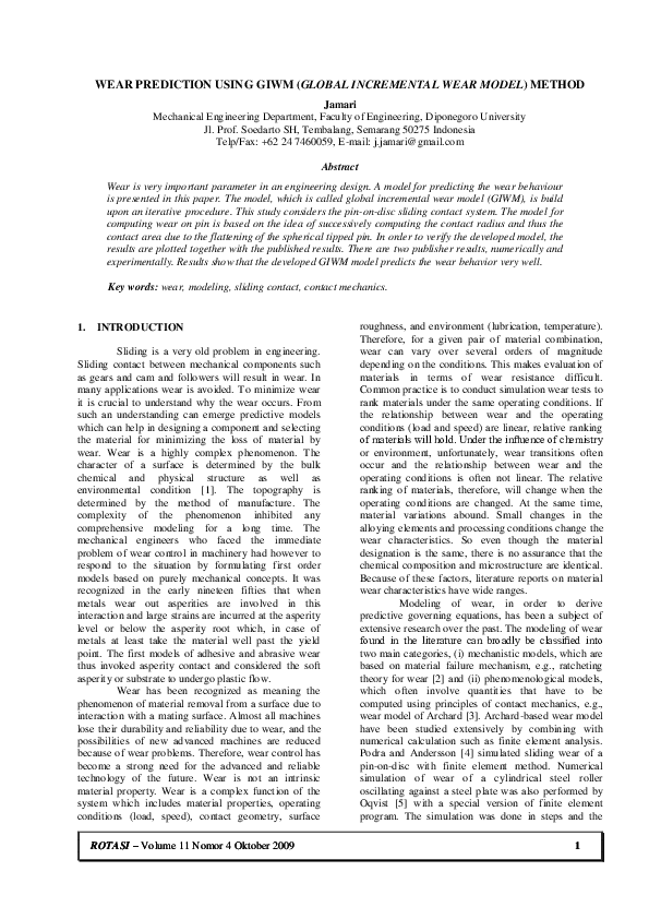 (PDF) WEAR PREDICTION USING GIWM (GLOBAL INCREMENTAL WEAR MODEL) METHOD