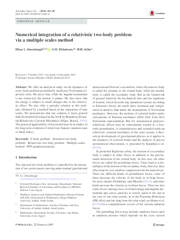(PDF) Numerical integration of a relativistic two-body problem via a ...
