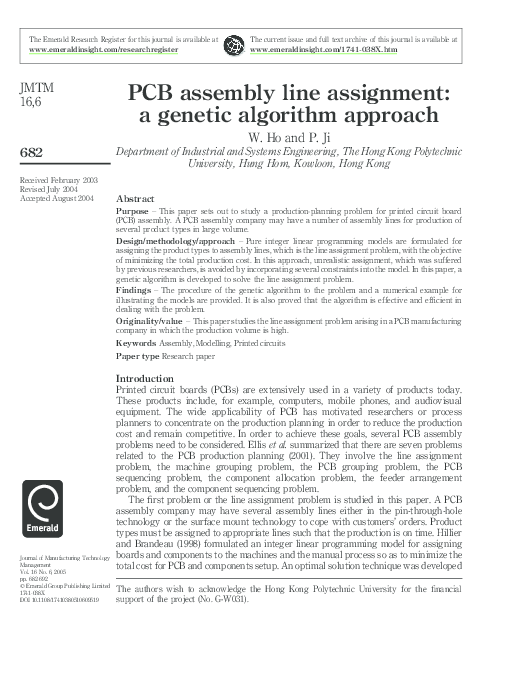 Pdf Pcb Assembly Line Assignment A Genetic Algorithm Approach