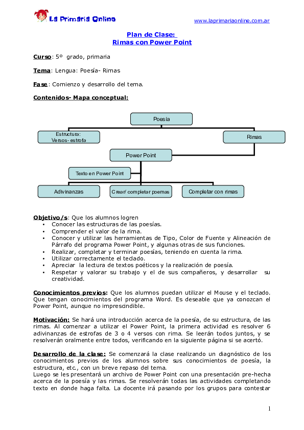 (DOC) Plan de Clase: Rimas con Power Point