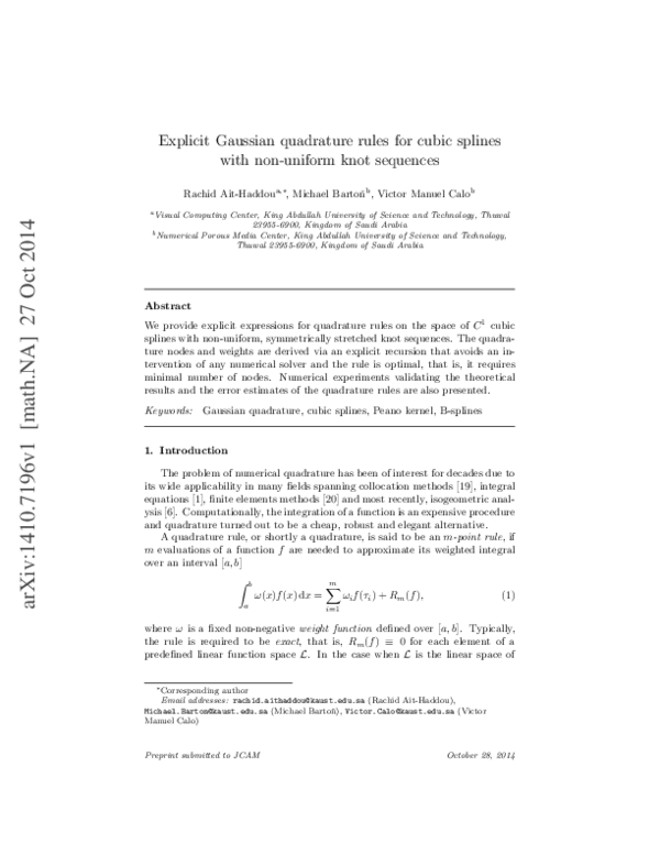 (PDF) Explicit Gaussian quadrature rules for cubic splines with non-uniform knot sequences